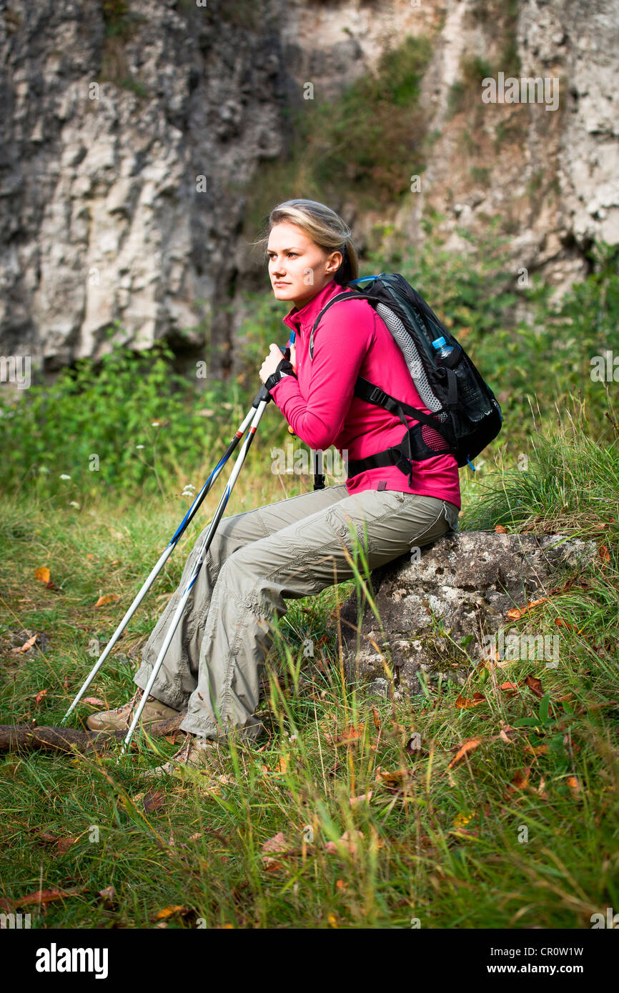 Young woman hiking in Dolomite Alps, Dolomites, Italy, Europe Stock ...