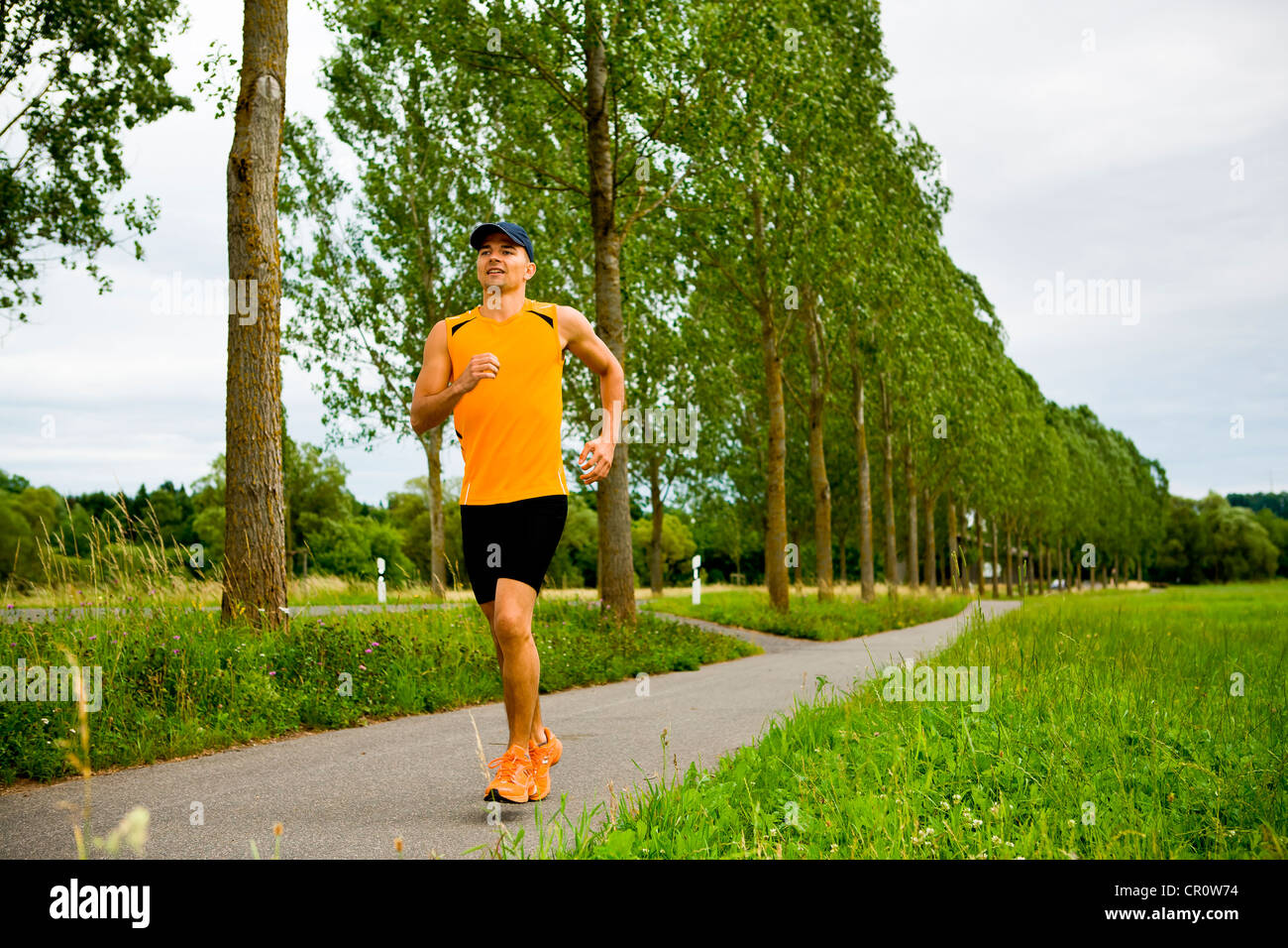 Athletic young man jogging along a tree-lined road near Coburg, Bavaria ...