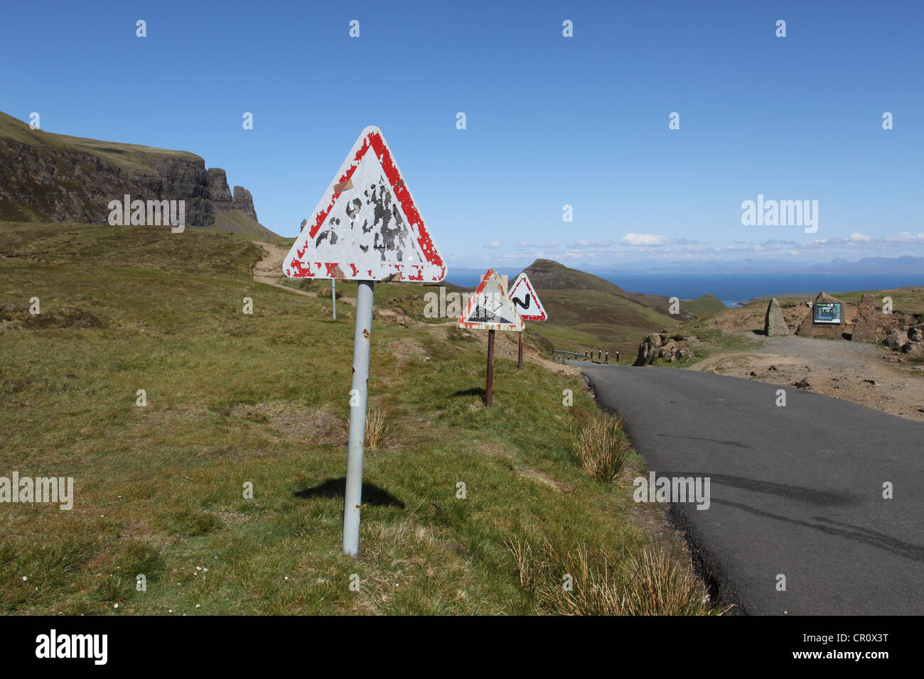 Weathered warning signs Quiraing Isle of Skye Scotland June 2012 Stock ...