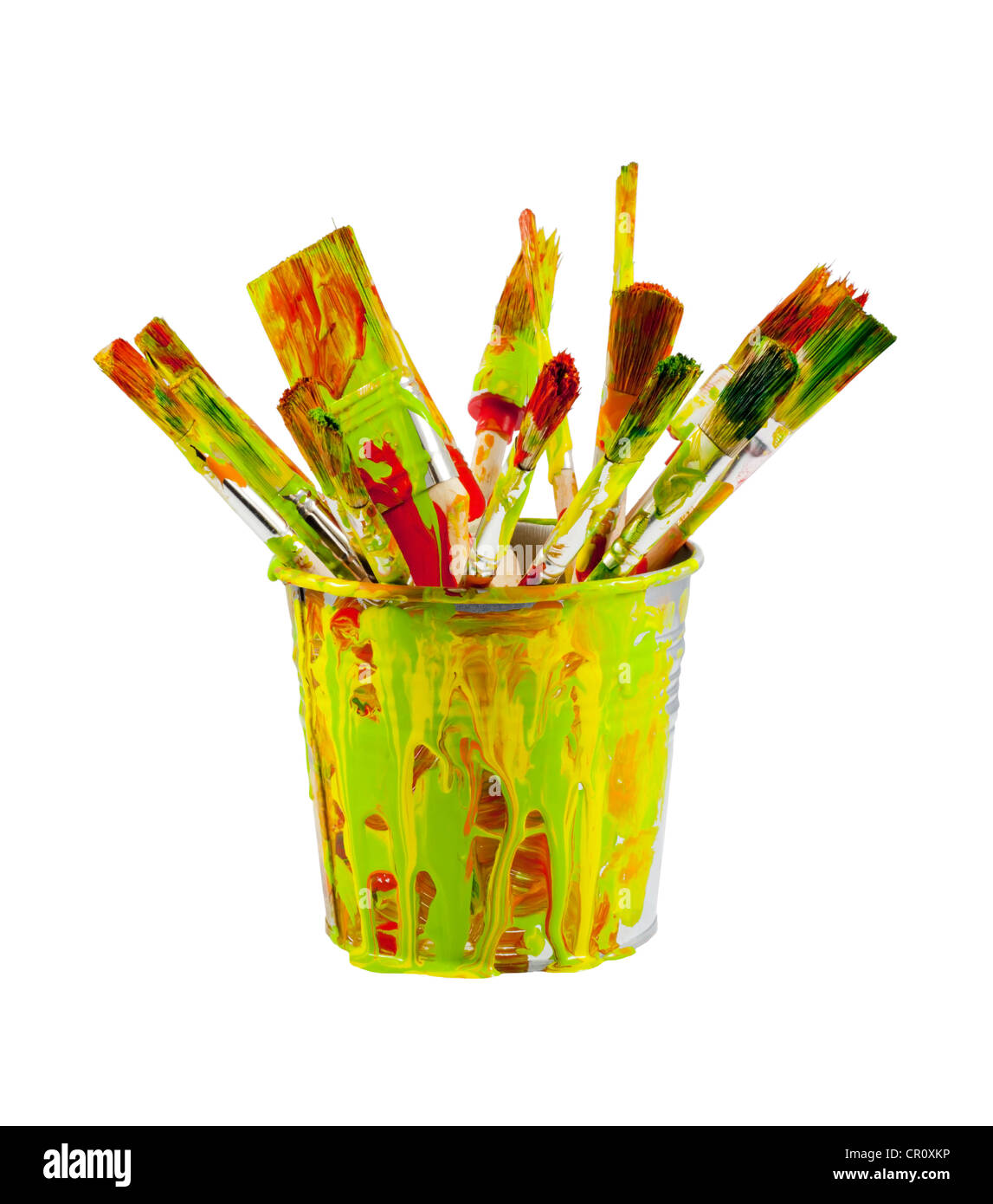 Paint brushes in the colorful bucket on white background Stock Photo ...