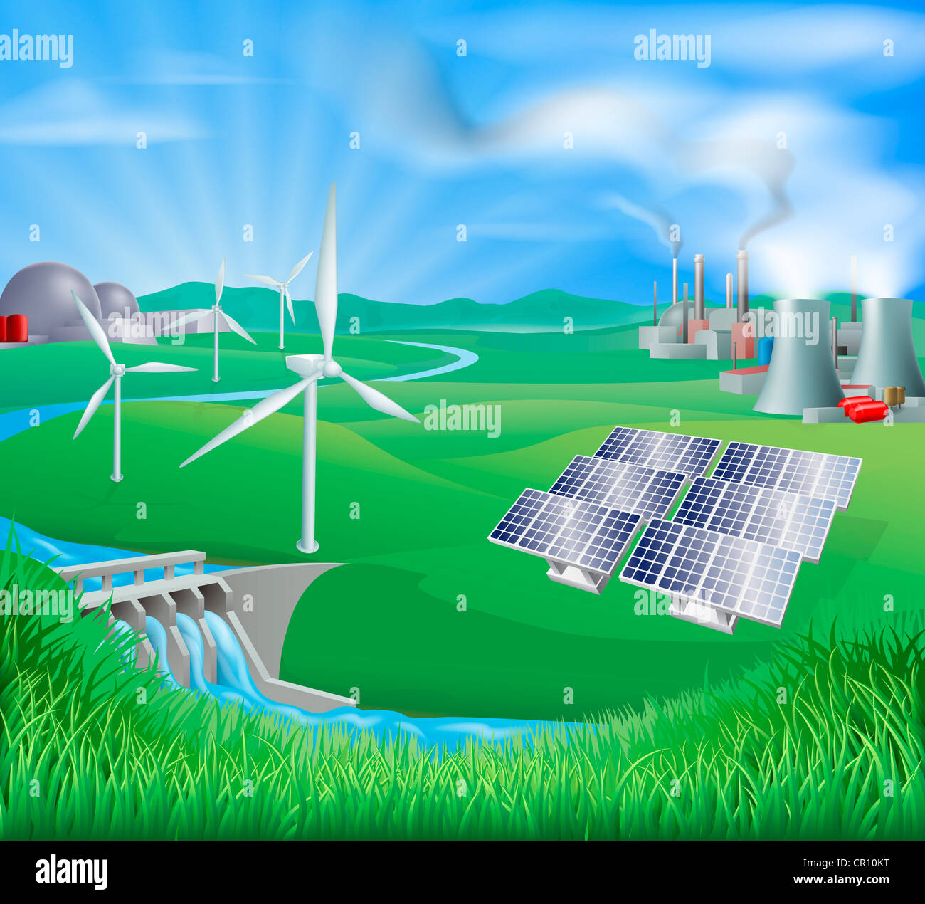 Illustration of power generation: nuclear, fossil fuel, sustainable ...