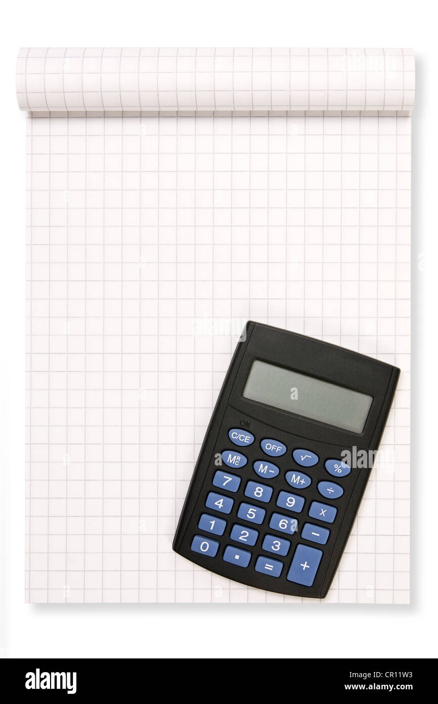 block note with black calculator over a white background Stock Photo ...