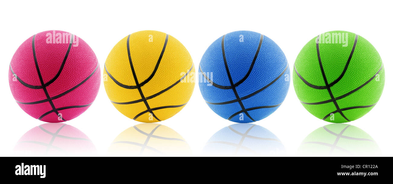 four colorful balls with reflection on white background Stock Photo - Alamy