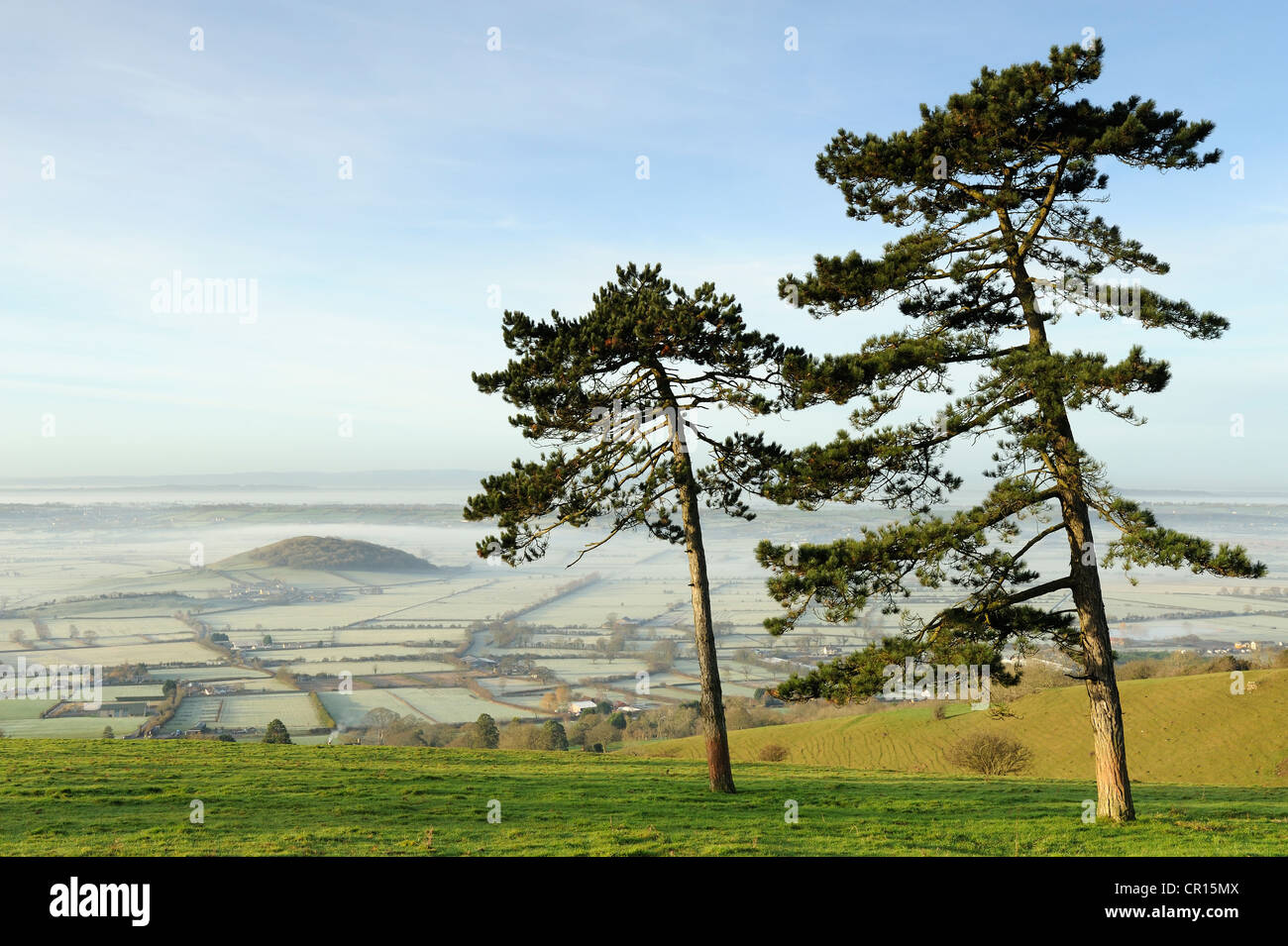 View of the Somerset Levels from Batcombe Hollow, Somerset, UK Stock ...