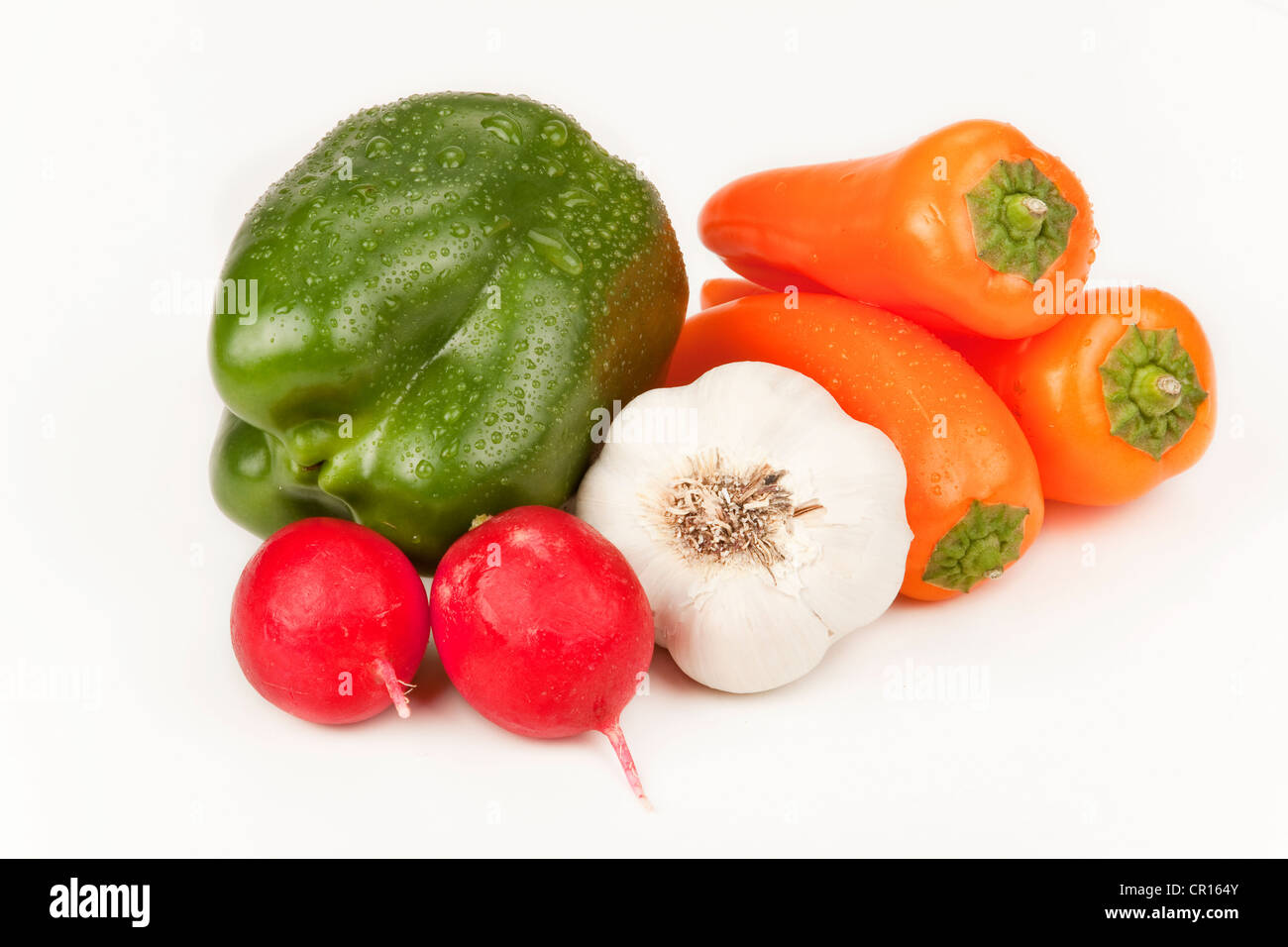 Vegetables, yellow dwarf peppers, green peppers, radishes and garlic ...