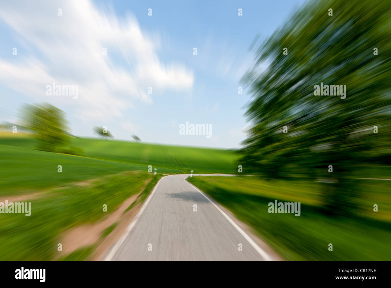 High speed motion, country road approaching a curve, Schoenbrunn, Baden ...