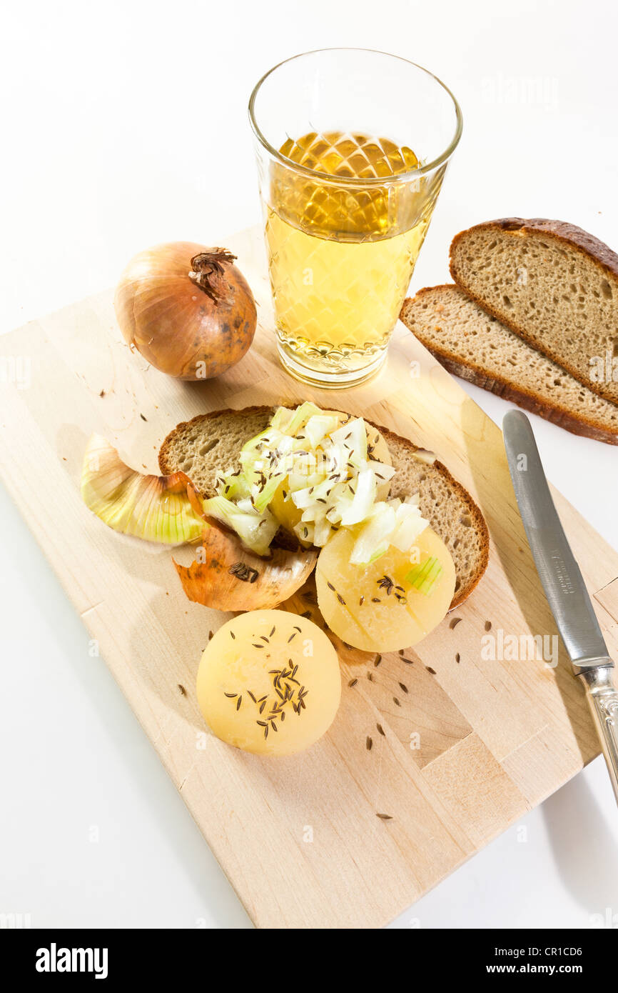 Traditional dish of Frankfurt, seasoned German hand cheese or Harz ...