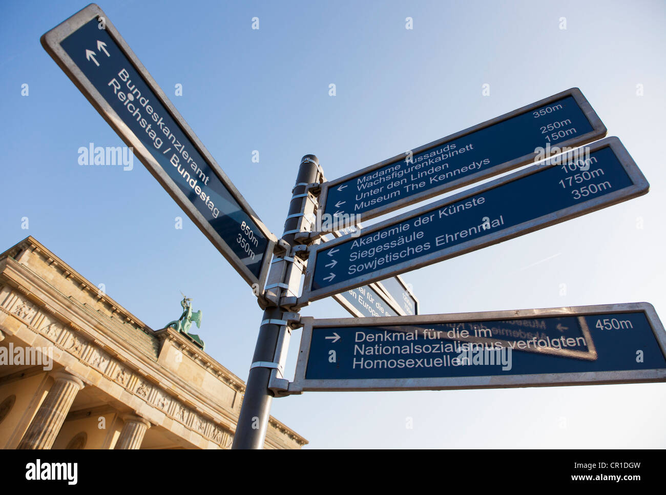 Signpost at the Brandenburg Gate, city centre, Berlin, Germany, Europe ...