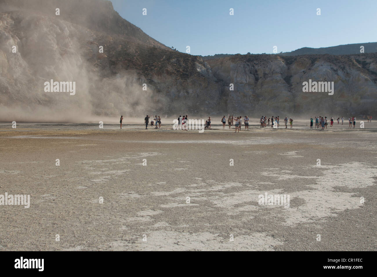 Tourists in the volcanic crater of the active volcano, Nisyros, Greece ...