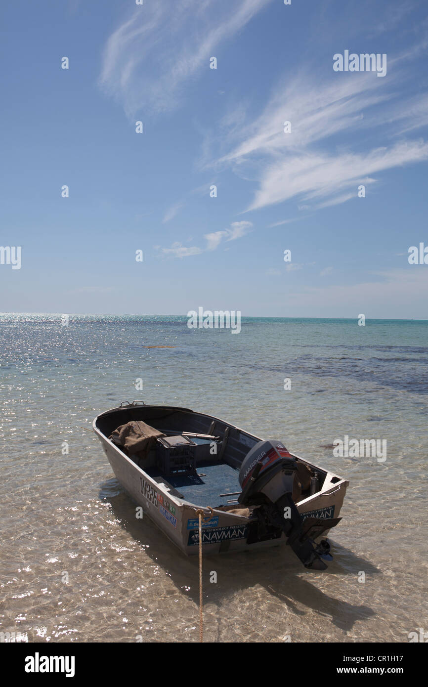 Small Tin boat moored off Oyster Stacks beach near Exmouth, Western ...