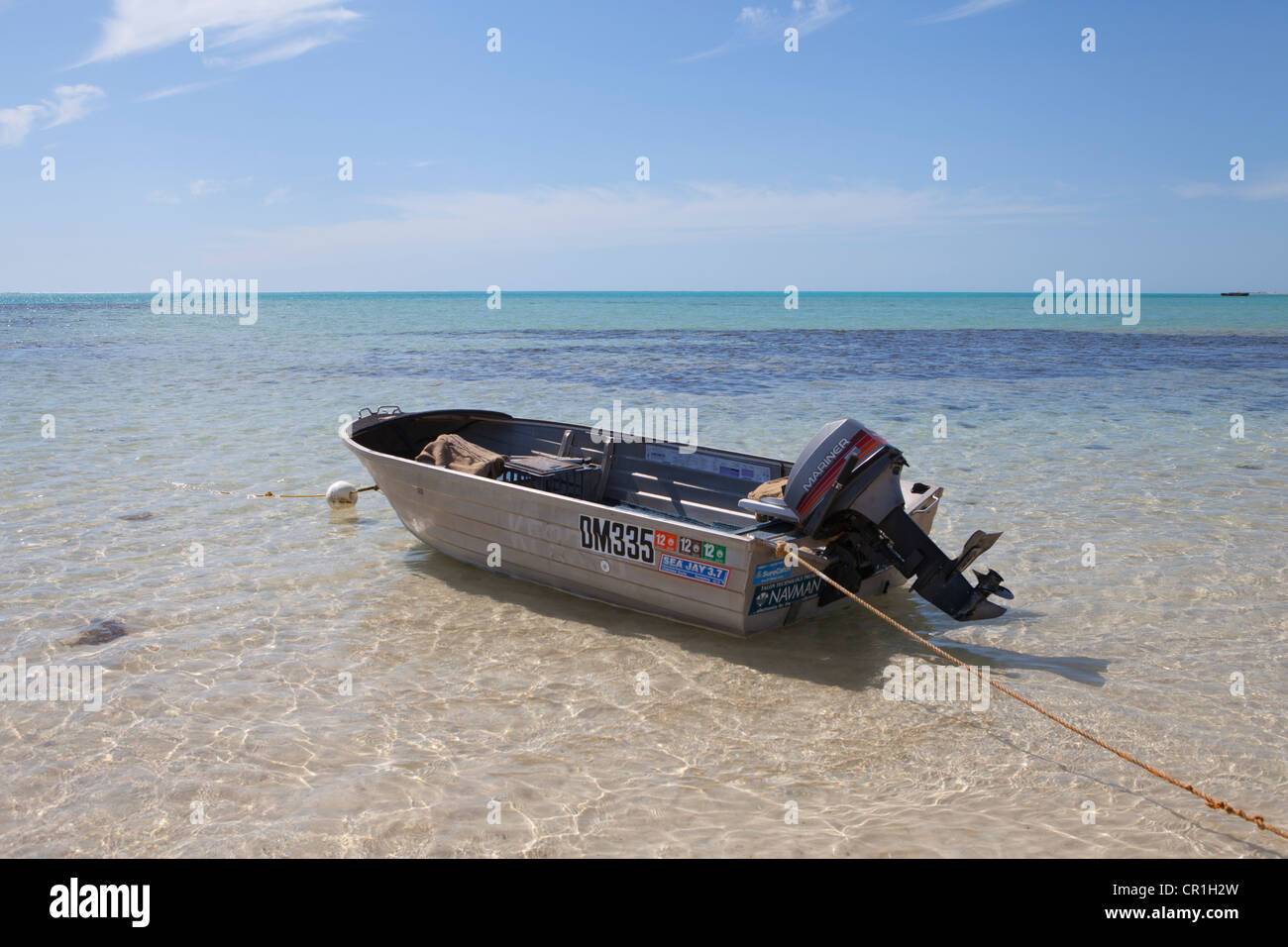 Small Tin boat moored off Oyster Stacks beach near Exmouth, Western ...