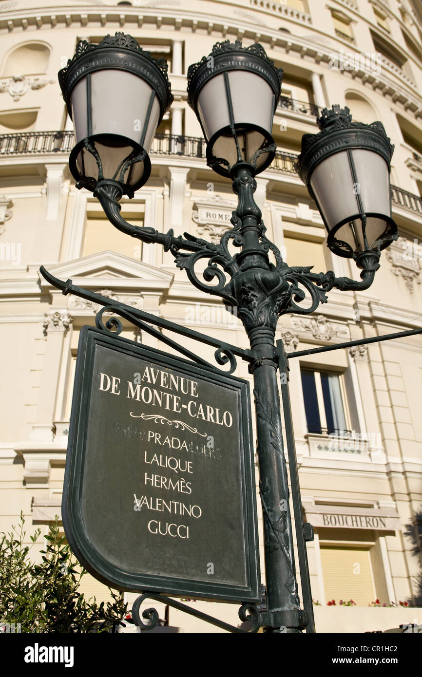 Principalty of Monaco, Monaco, sign with the luxury shops of Monte ...