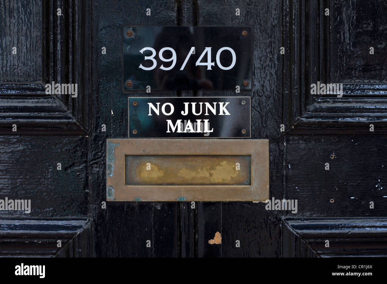 Brass letterbox with no junk mail sign Stock Photo - Alamy