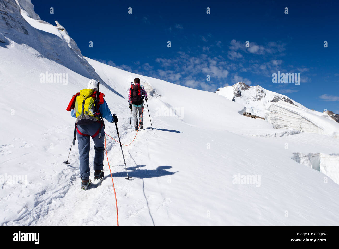 Hikers climbing Mt Piz Palu, Mt Piz Bernina with the Bianco ridge in ...