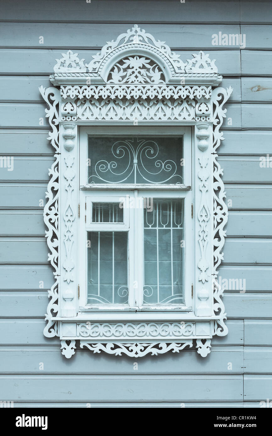 Traditionally styled windows frame in russian village, Russia Stock ...