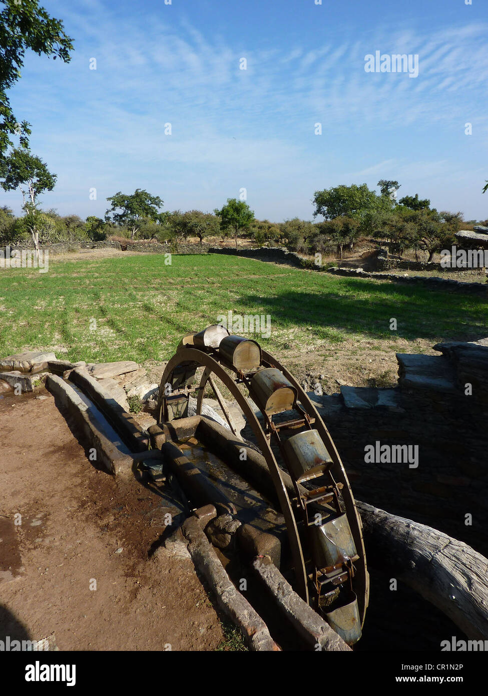 Old fashioned water wheel, draws water from a well Ranakapur, India ...