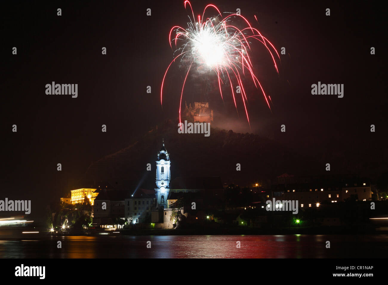 Solstice celebration with fireworks, Duernstein, Wachau, Lower Austria ...