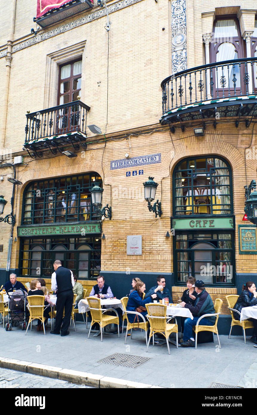 Terrace bar at Federico de Castro street in Seville during Holy week ...