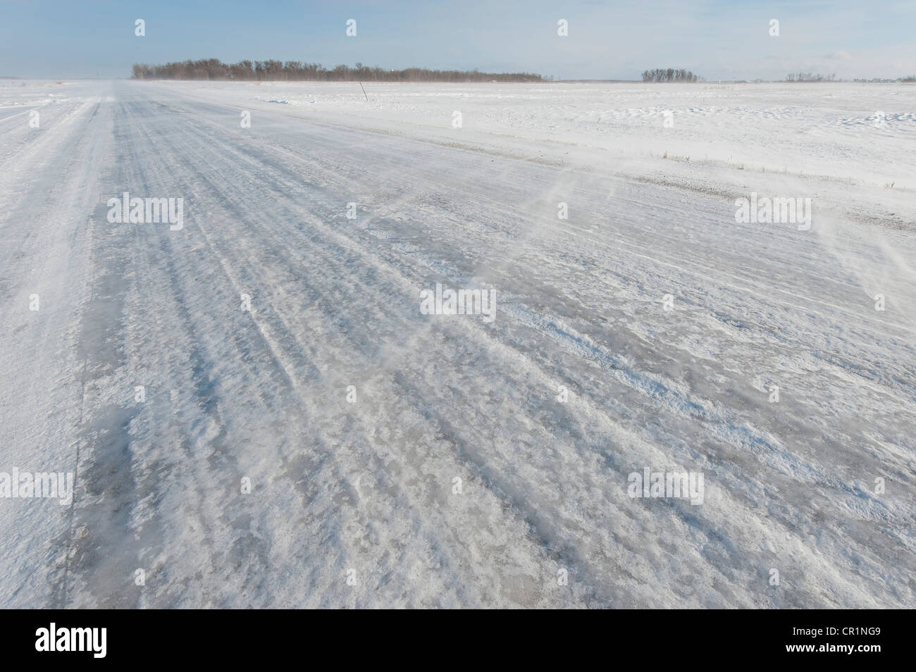 Country road on the prairies of Central Canada in a winter snowstorm ...