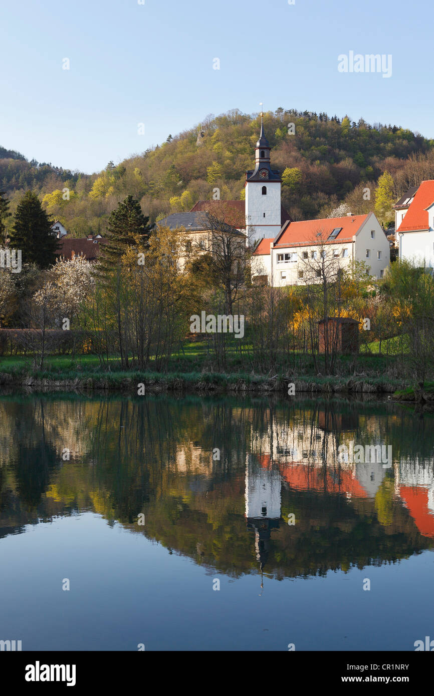 Muggendorf, with St. Laurentius church, Wiesent River, Wiesenttal ...