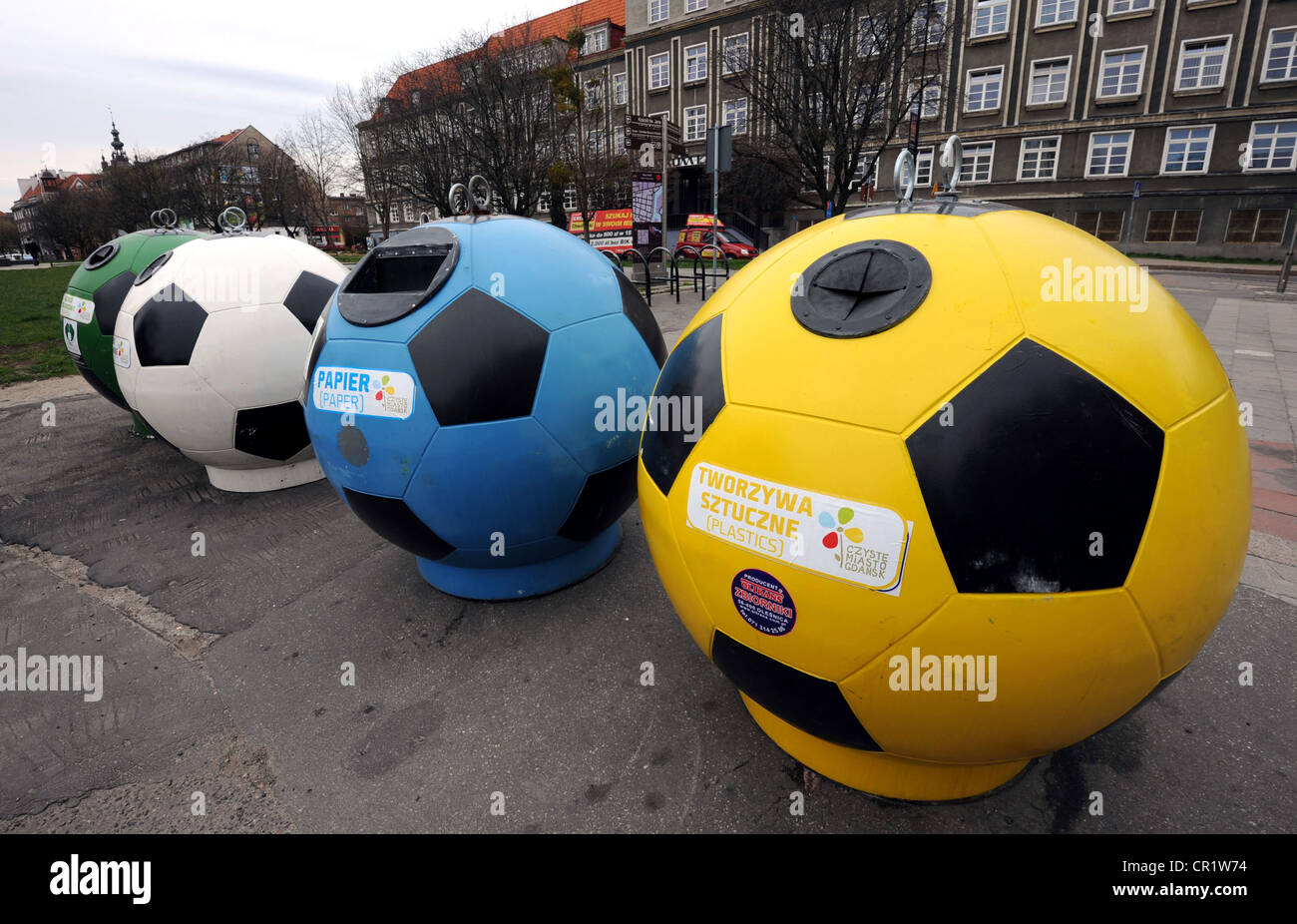 Football shaped recycling bins, Gdansk, Poland Stock Photo - Alamy