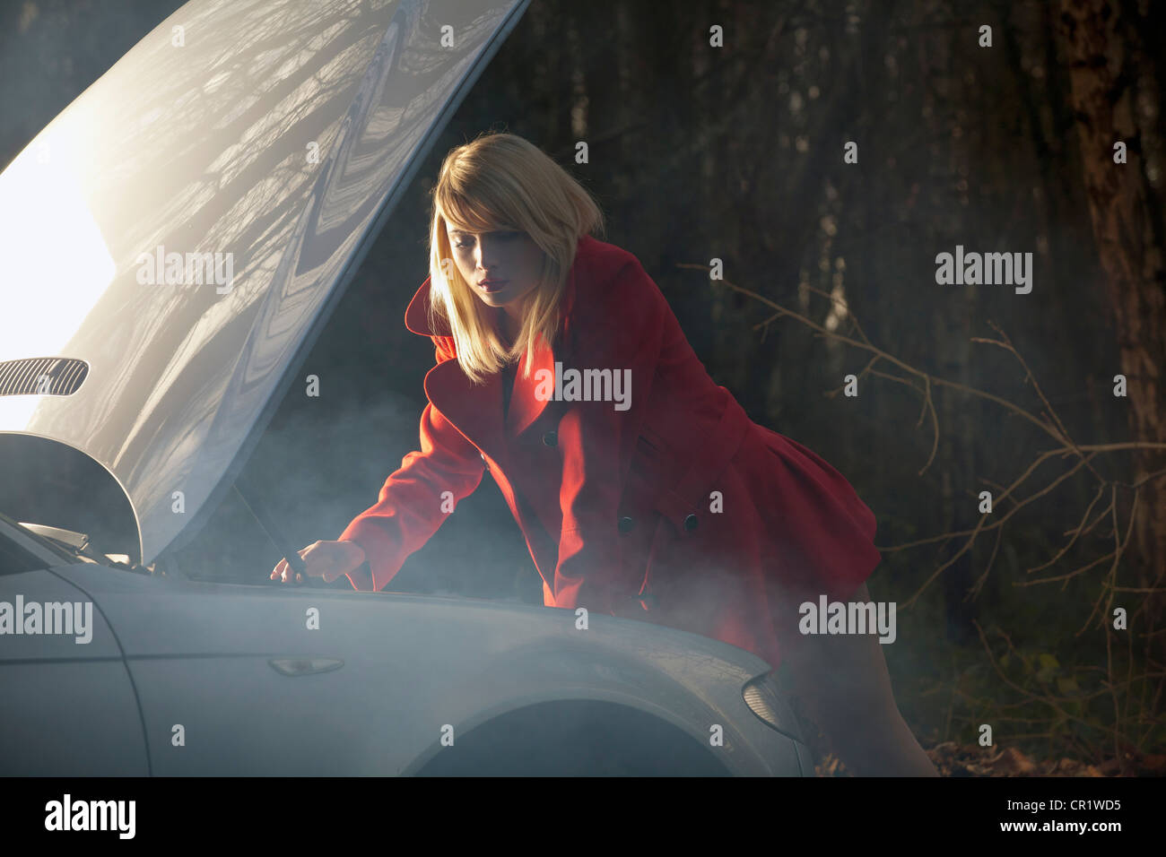 Woman looking under hood of car at night Stock Photo - Alamy