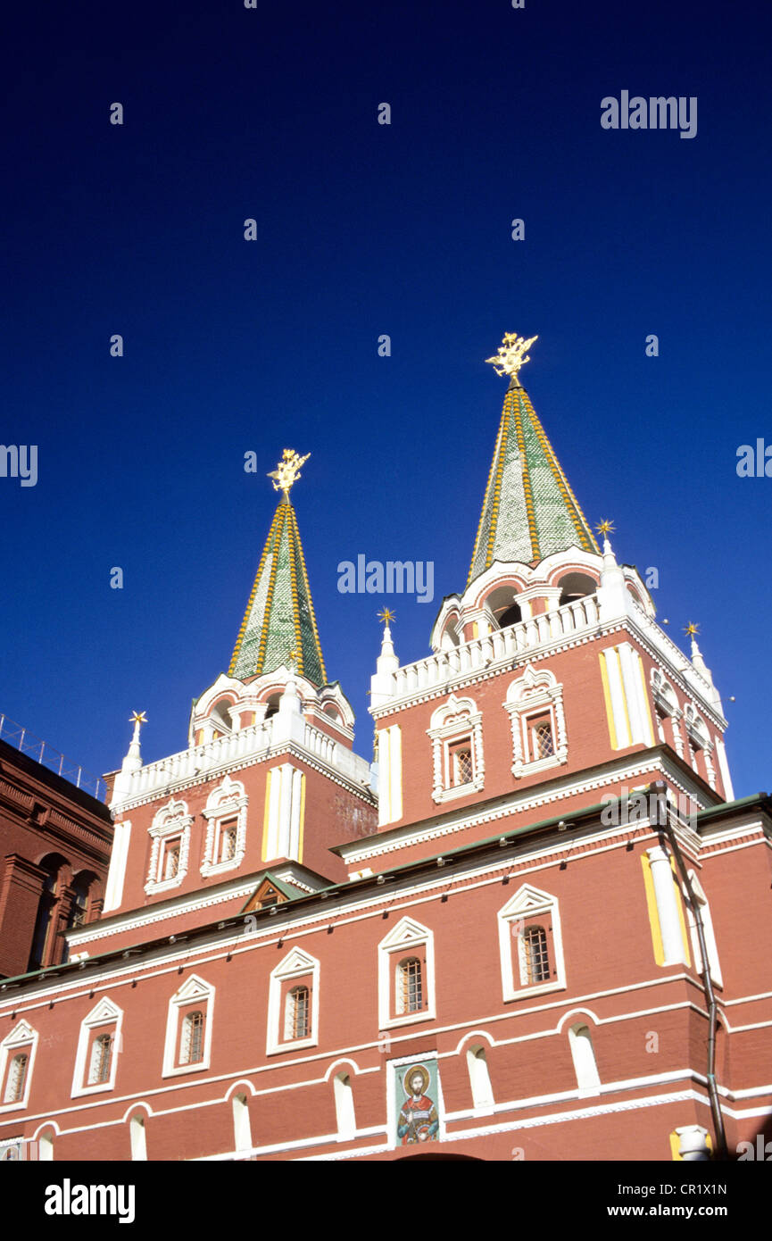 Russia, Moscow, towers above the Resurrection Gate giving access to the ...