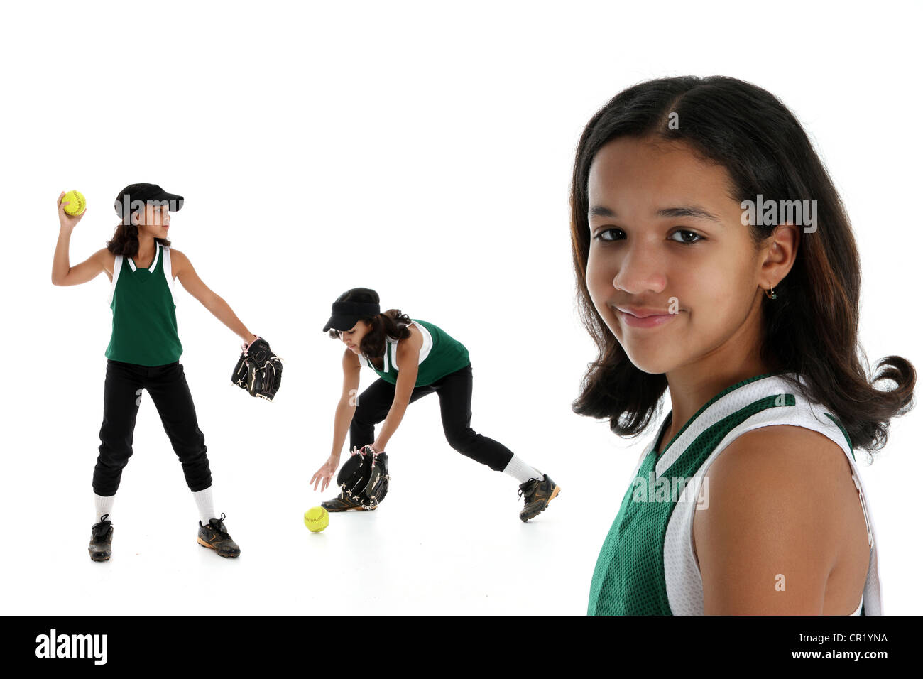 Playing the game of softball with a white background Stock Photo - Alamy