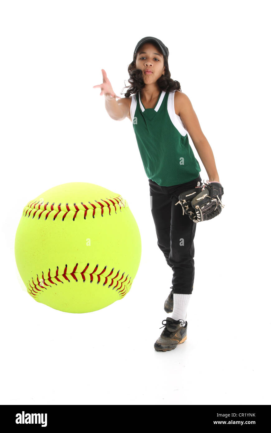 Playing the game of softball with a white background Stock Photo - Alamy