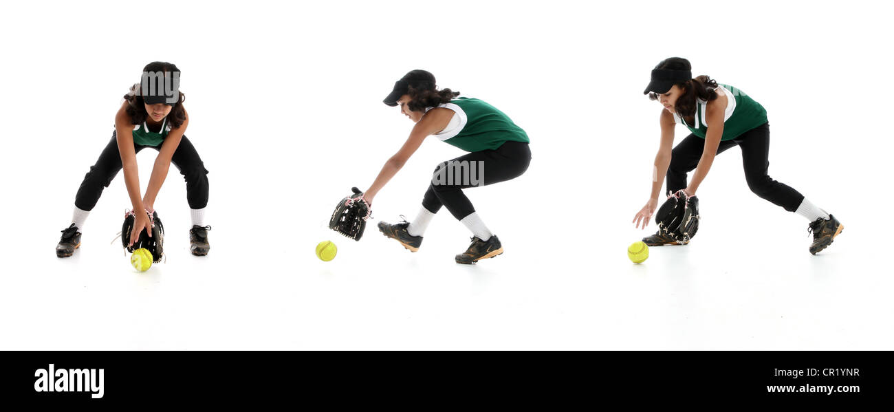 Playing the game of softball with a white background Stock Photo - Alamy