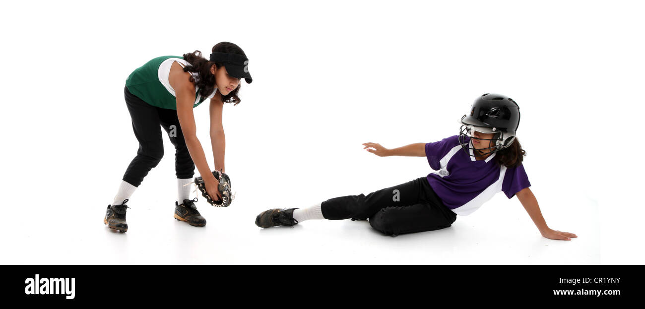 Playing the game of softball with a white background Stock Photo - Alamy