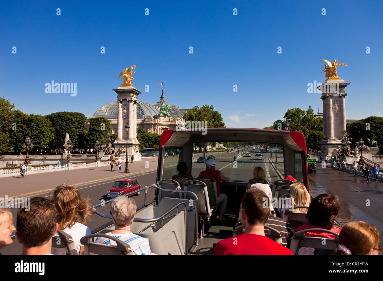 France, Paris, tourist trip on double decker bus, going over pont ...