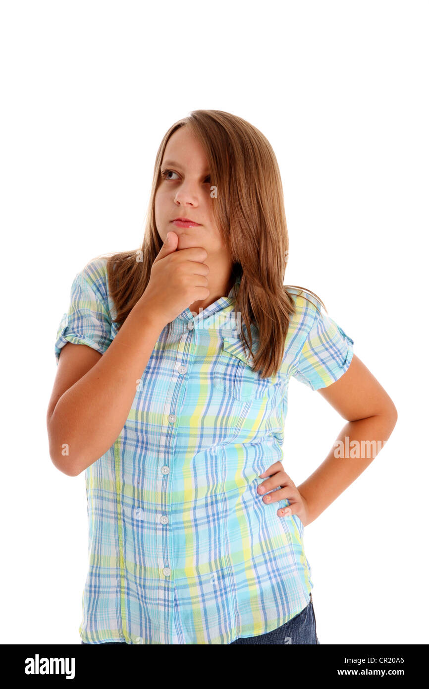 Young Girl Standing Alone Thinking on White Background Stock Photo - Alamy