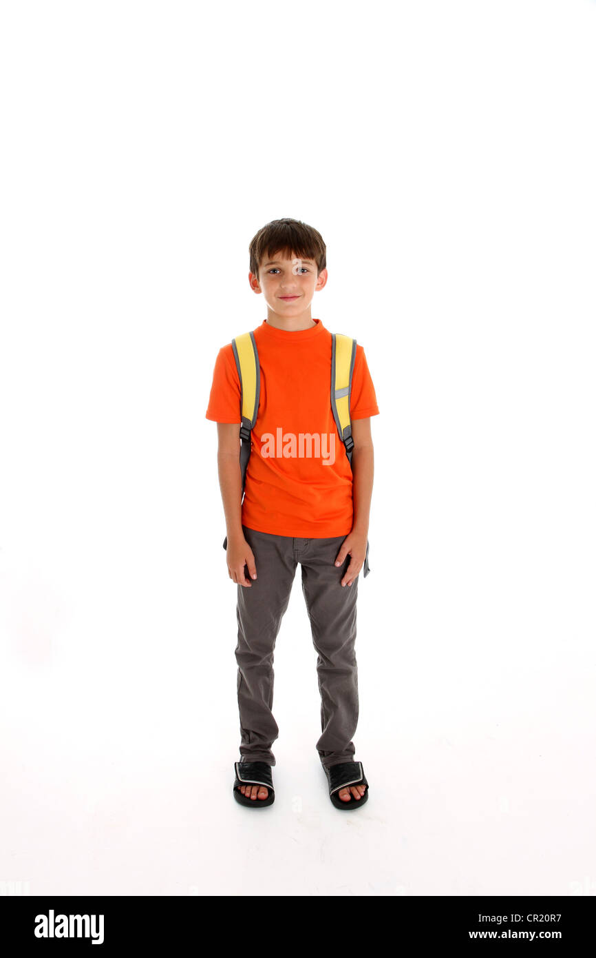 Young Boy Ready for School on White Background Stock Photo - Alamy
