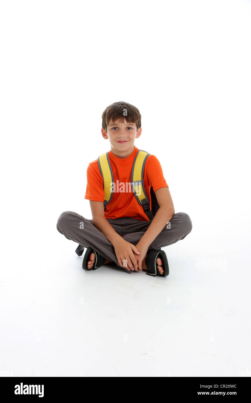 Young Boy Ready for School on White Background Stock Photo - Alamy