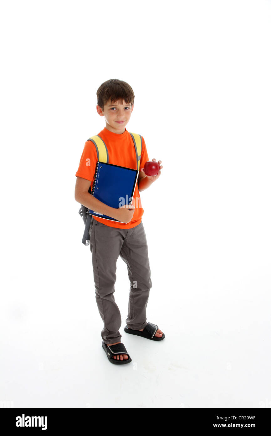 Young Boy Ready for School on White Background Stock Photo - Alamy