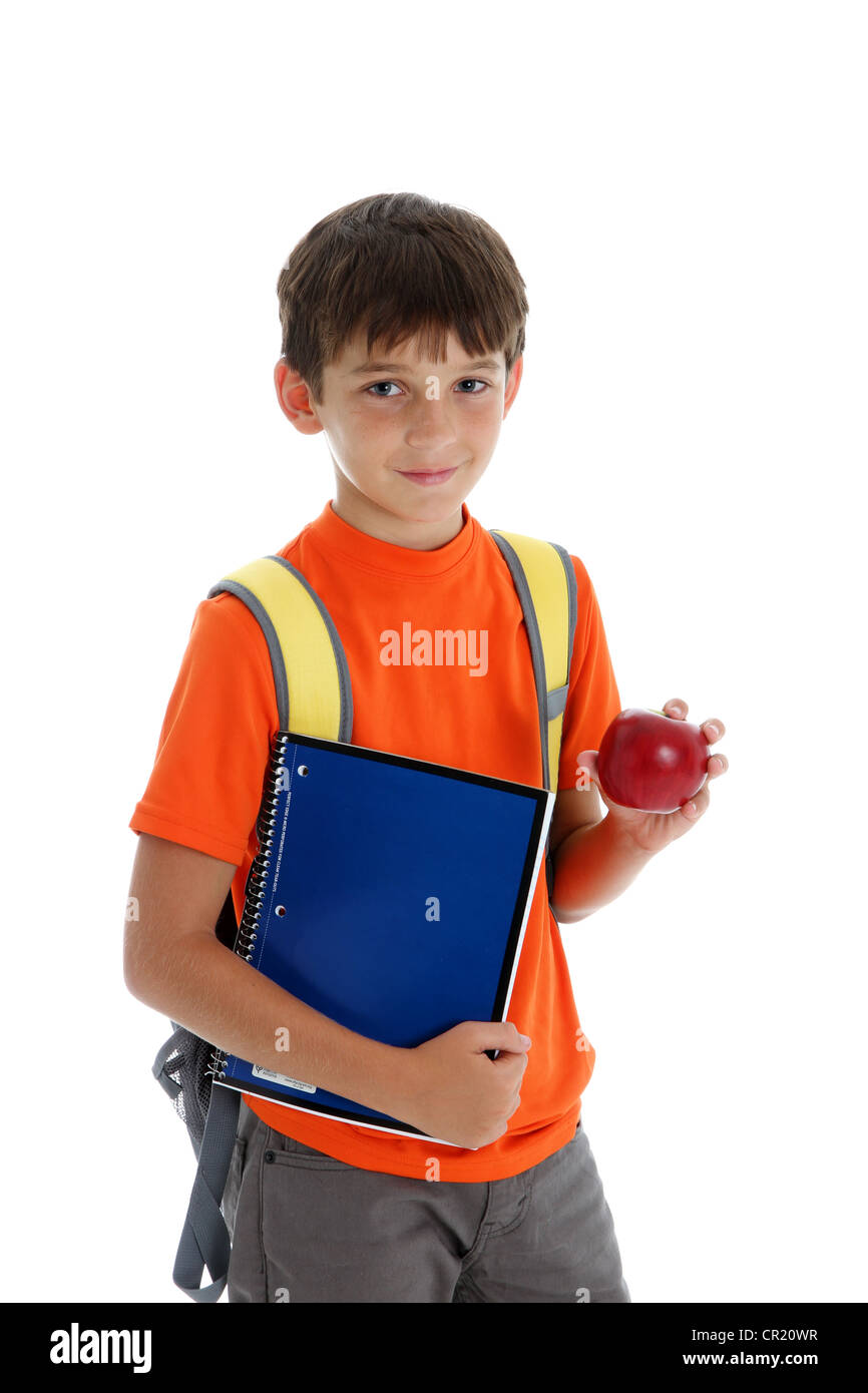 Young Boy Ready for School on White Background Stock Photo - Alamy
