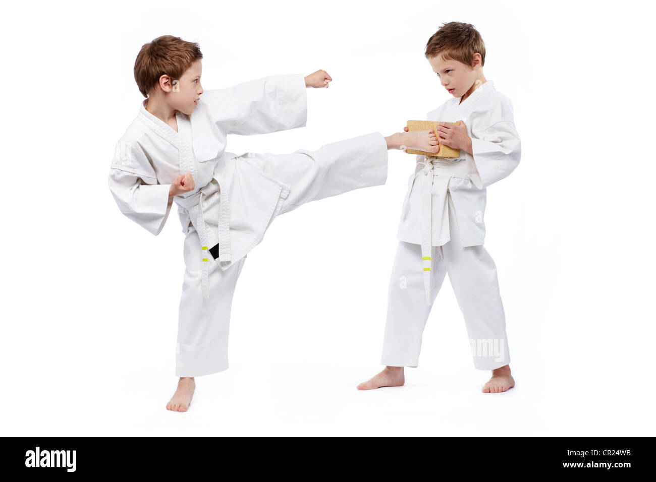 Twin boys practicing karate, one of them holding a brick, another one ...
