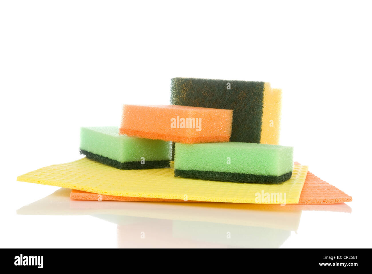 Cleaning supplies with reflection on white background Stock Photo - Alamy