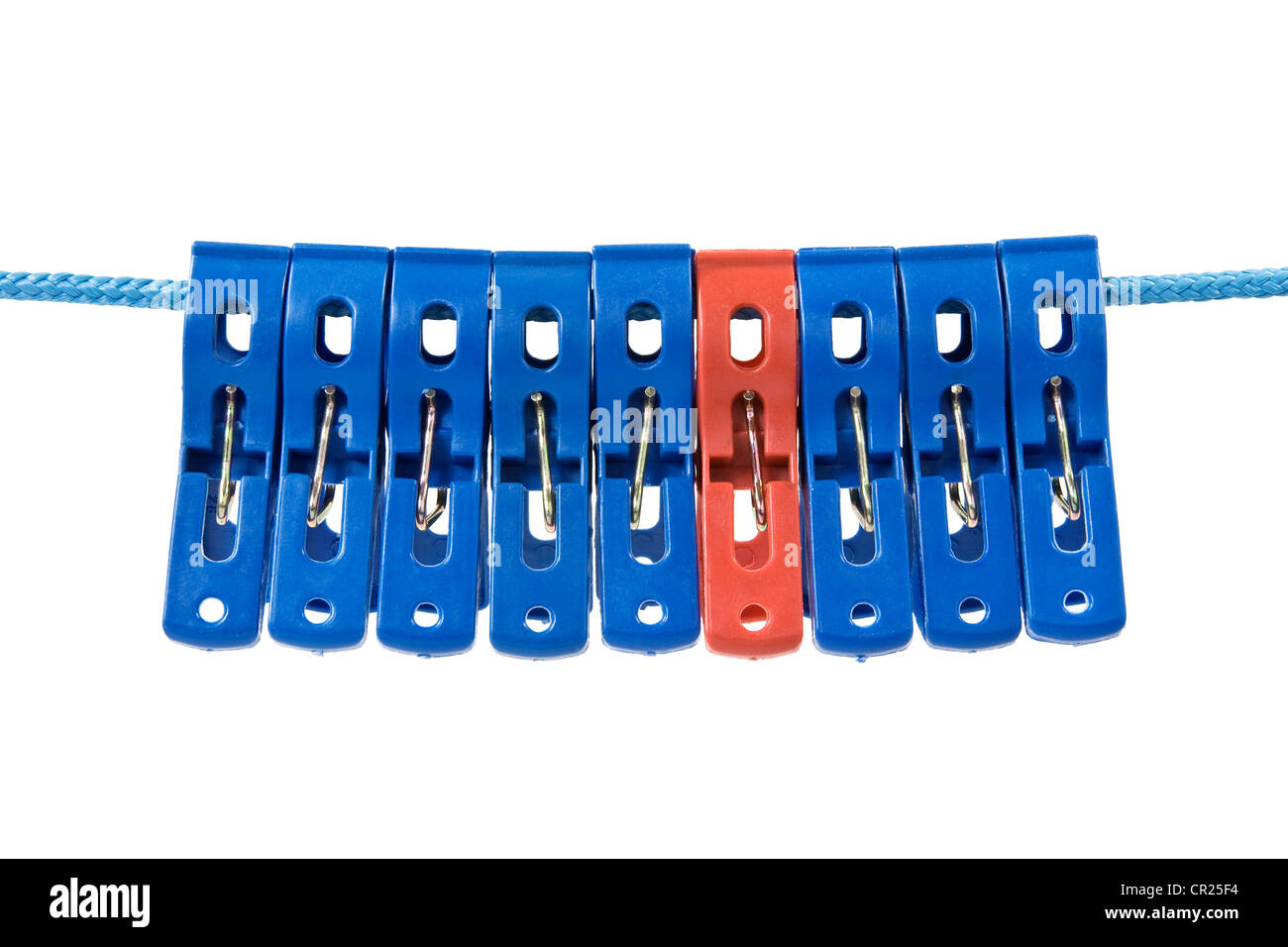 clothesline with a clothes pegs. Blue ones and one red Stock Photo - Alamy