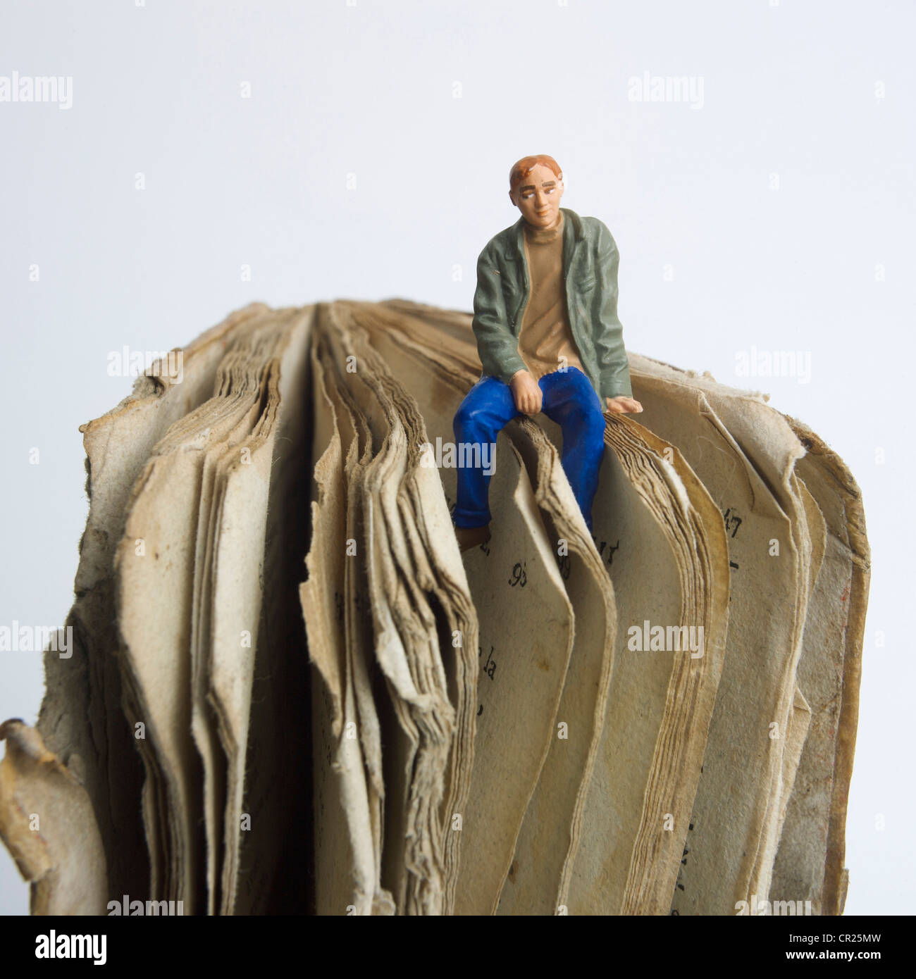 A small figure relaxes on a large stack of worn books, showcasing a ...
