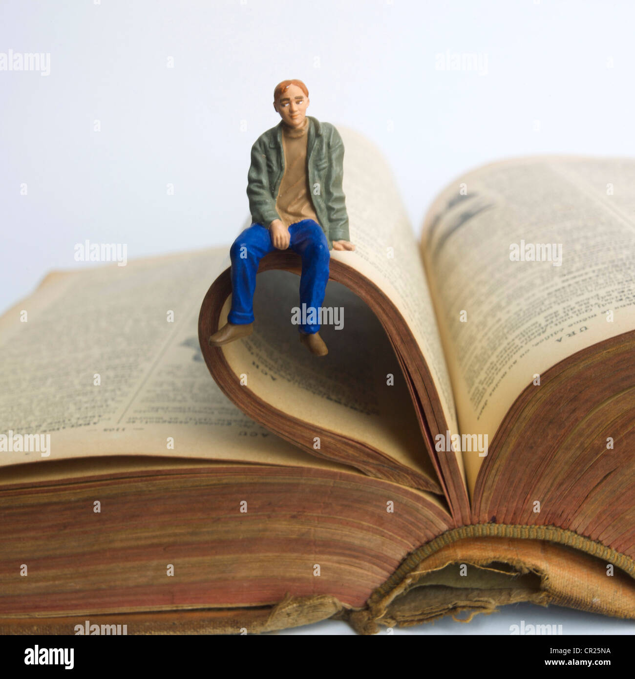 A small figure relaxes on a large stack of worn books, showcasing a ...