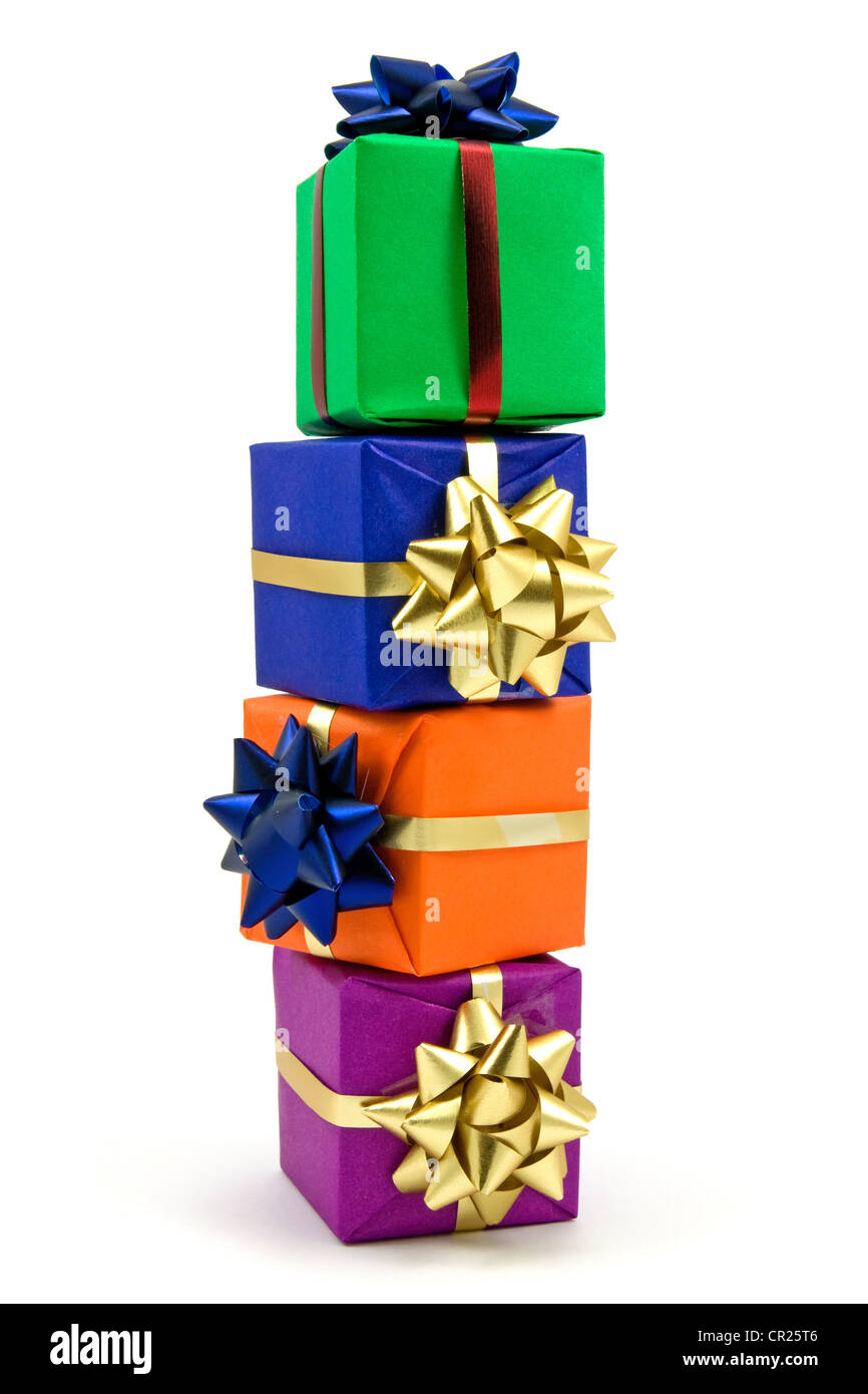 gifts boxes tower isolated on white background Stock Photo - Alamy