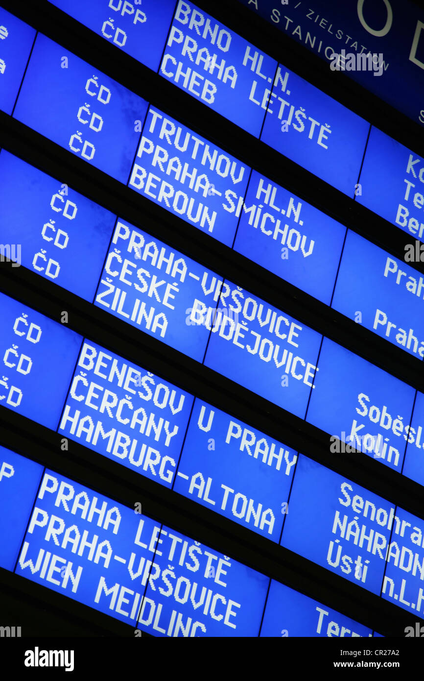 Train information board in the modern Prague Hlavni Nadraze main ...