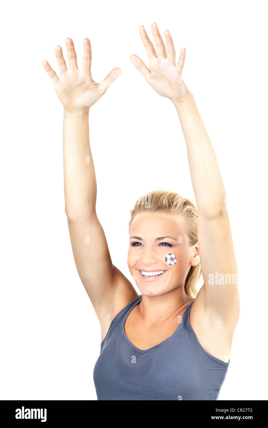 Happy football fan waving hands, cute girl smiling, expressing emotions ...