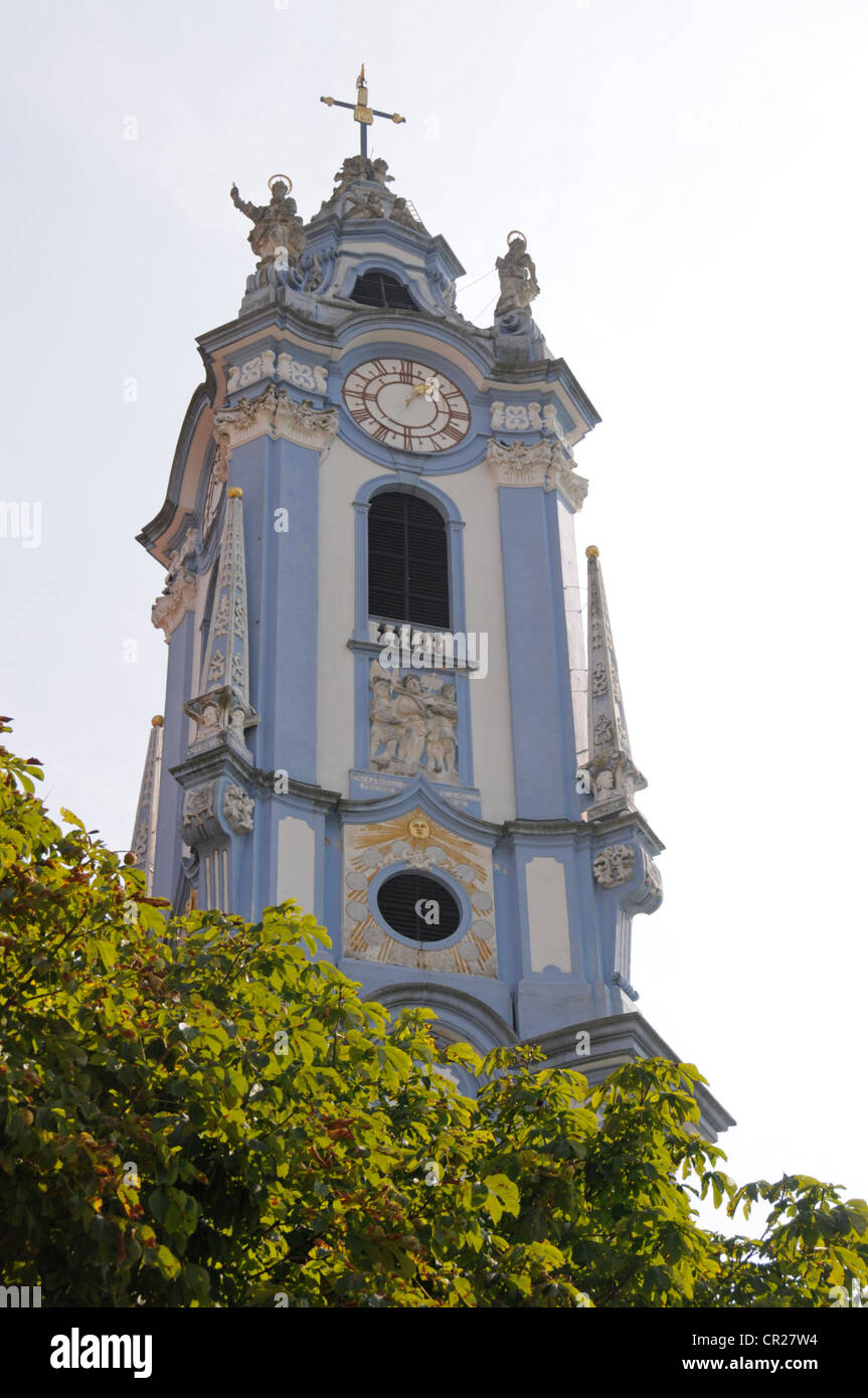 The baroque tower of the monastery dominates the Dürnstein skyline on ...