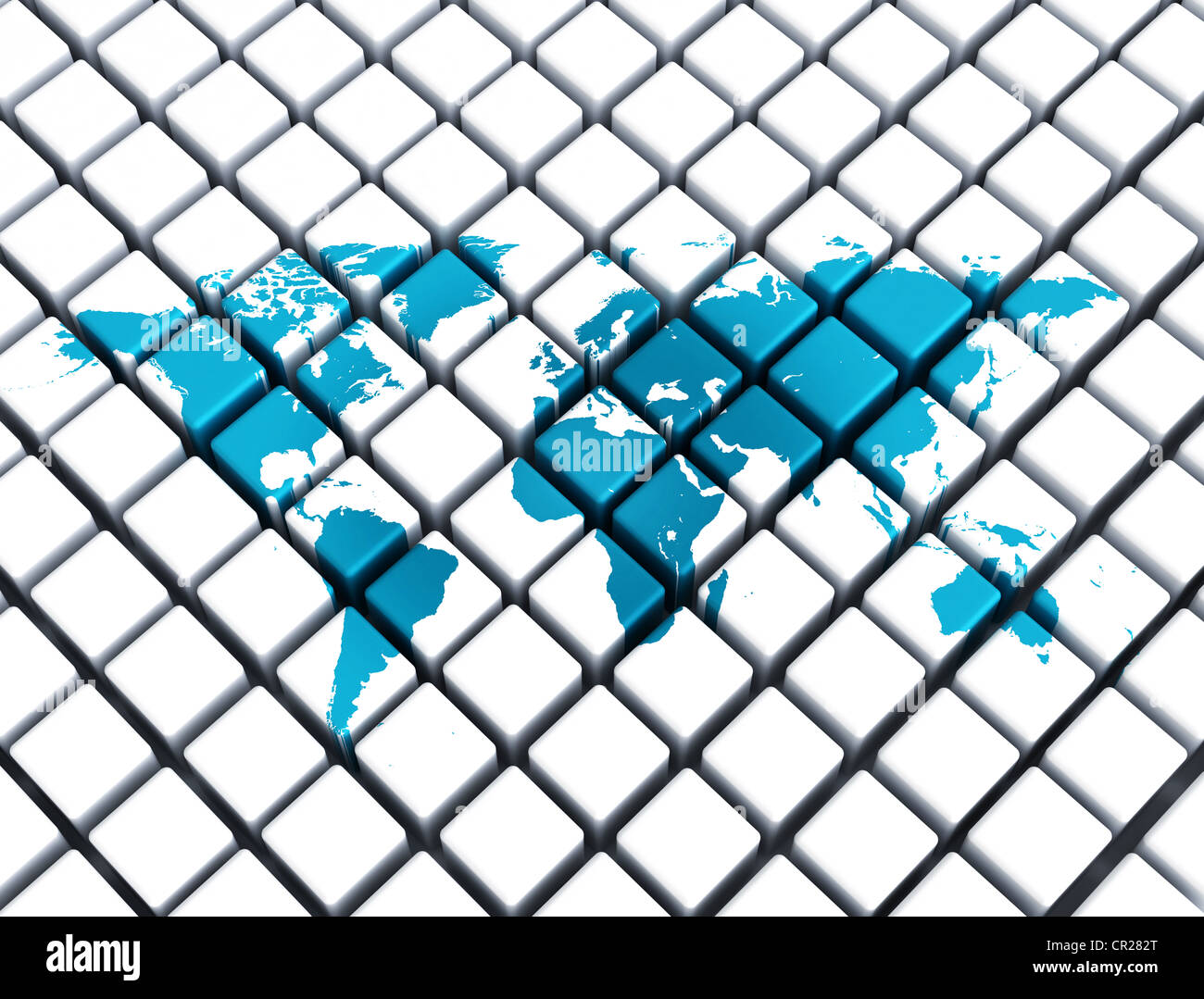 Blue world map on 3d cubes Stock Photo - Alamy