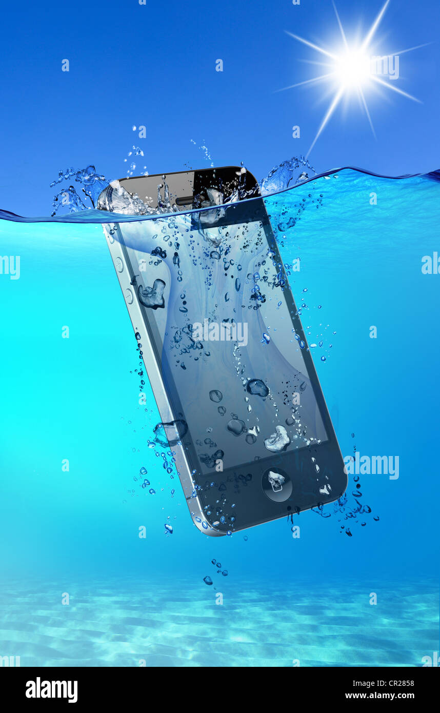 iphone falling into clean water with bubbles around it Stock Photo - Alamy