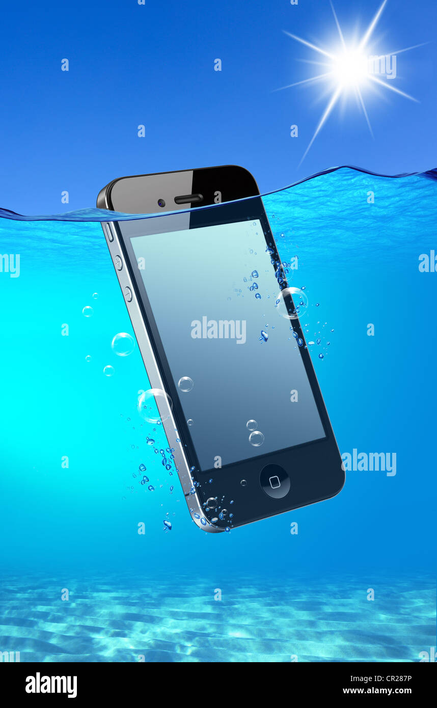 Phone falling into clean water with bubbles around it Stock Photo - Alamy