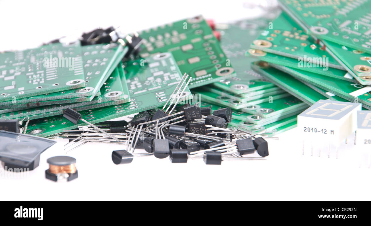 PCBs with different electronic components isolated on white background ...